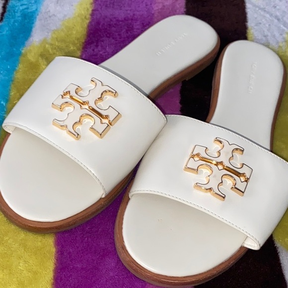 Tory Burch | Shoes | Tory Burch White And Gold Slide Sandals With ...